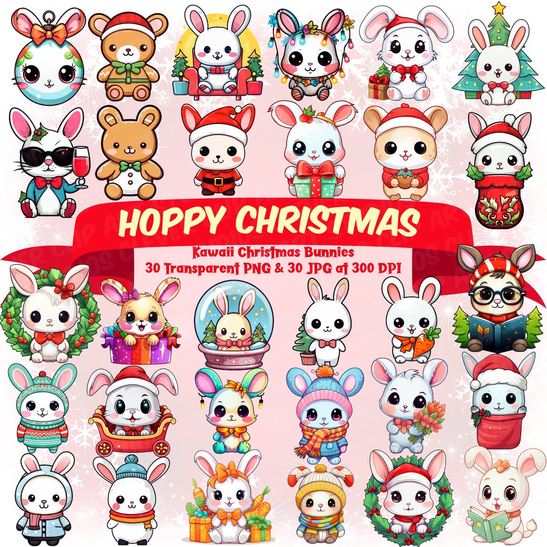 Christmas Kawaii Bunny Clipart Bundle Cute Bunny Rabbit Christmas PNG ...
