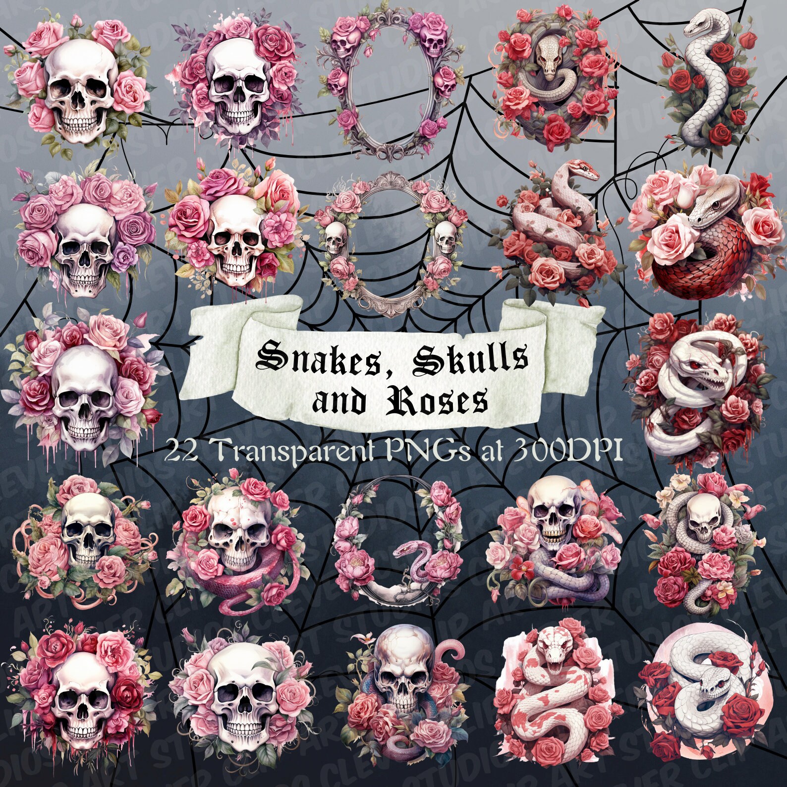 Snakes Skulls and Roses Clipart Bundle Floral Gothic Botanical Clipart ...