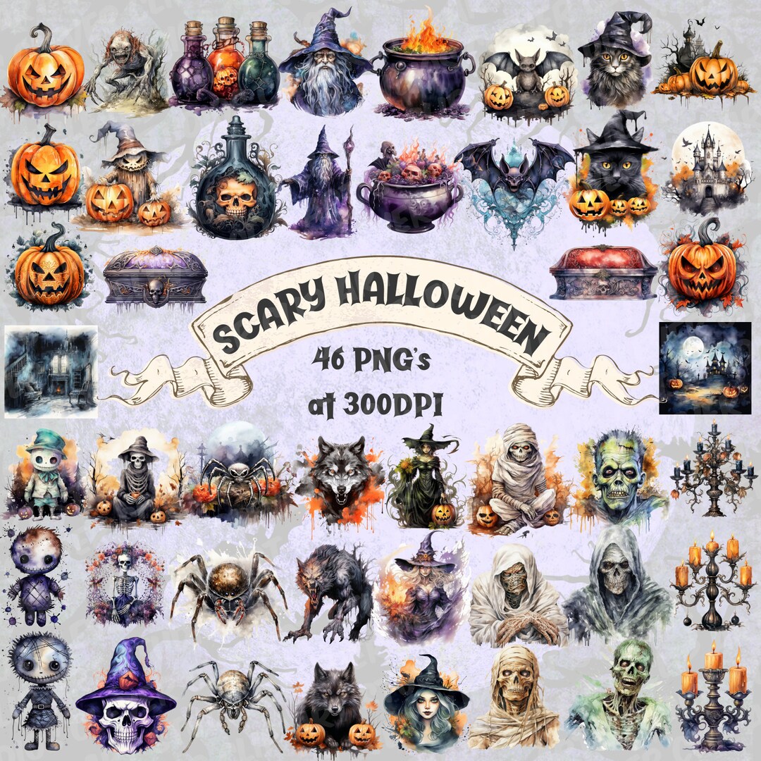 Scary Watercolor Halloween Clipart Spooky PNG Bundle Creepy Jack-o ...