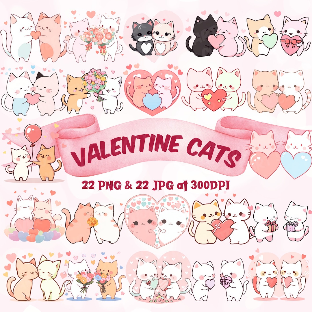 Cute Kawaii Cats Valentines Day Clipart Bundle Kawaii Cute Kitten ...