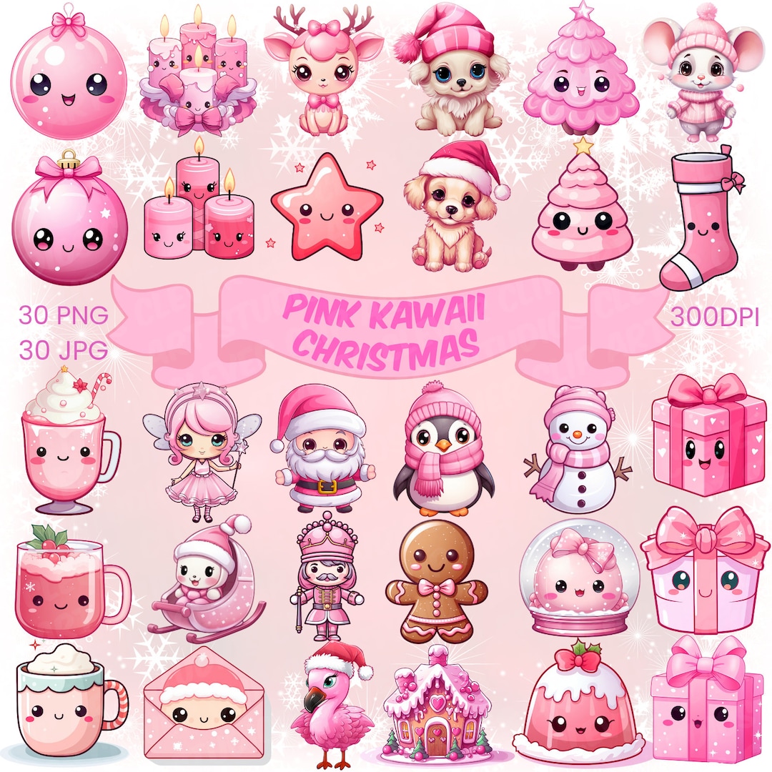 Pink Kawaii Christmas Clipart Bundle Cute Pink Christmas Transparent ...