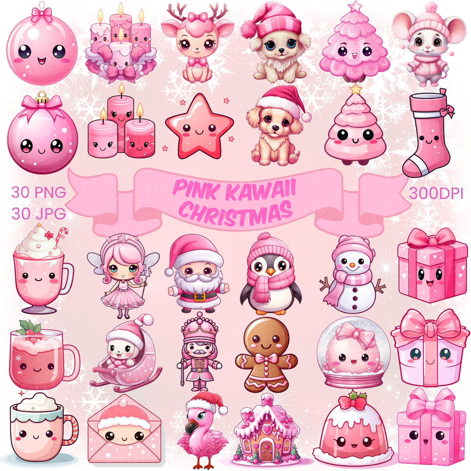 Pink Kawaii Christmas Clipart Bundle Cute Pink Christmas Transparent ...