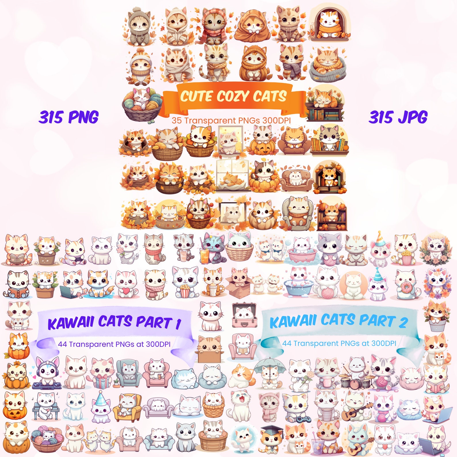 Cat Mega Bundle Cute Cat Kawaii Clipart Megabundle Kitten Clipart ...