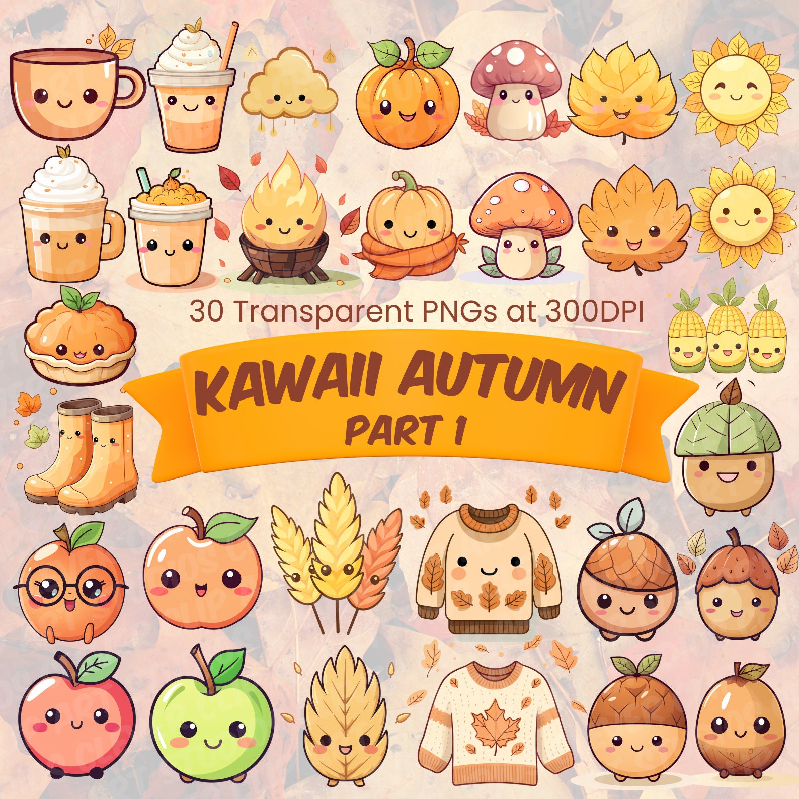 Kawaii Fall Cute Autumn Clipart Bundle Fall Vibes Transparent PNG ...