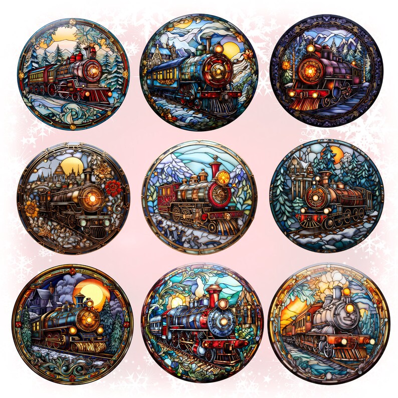 Christmas Train Stained Glass Clipart Bundle Stained Glass Round ...