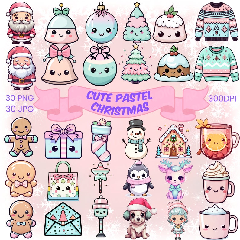 Cute Pastel Christmas Clipart Bundle Pastel Cute Christmas PNG Bundle ...