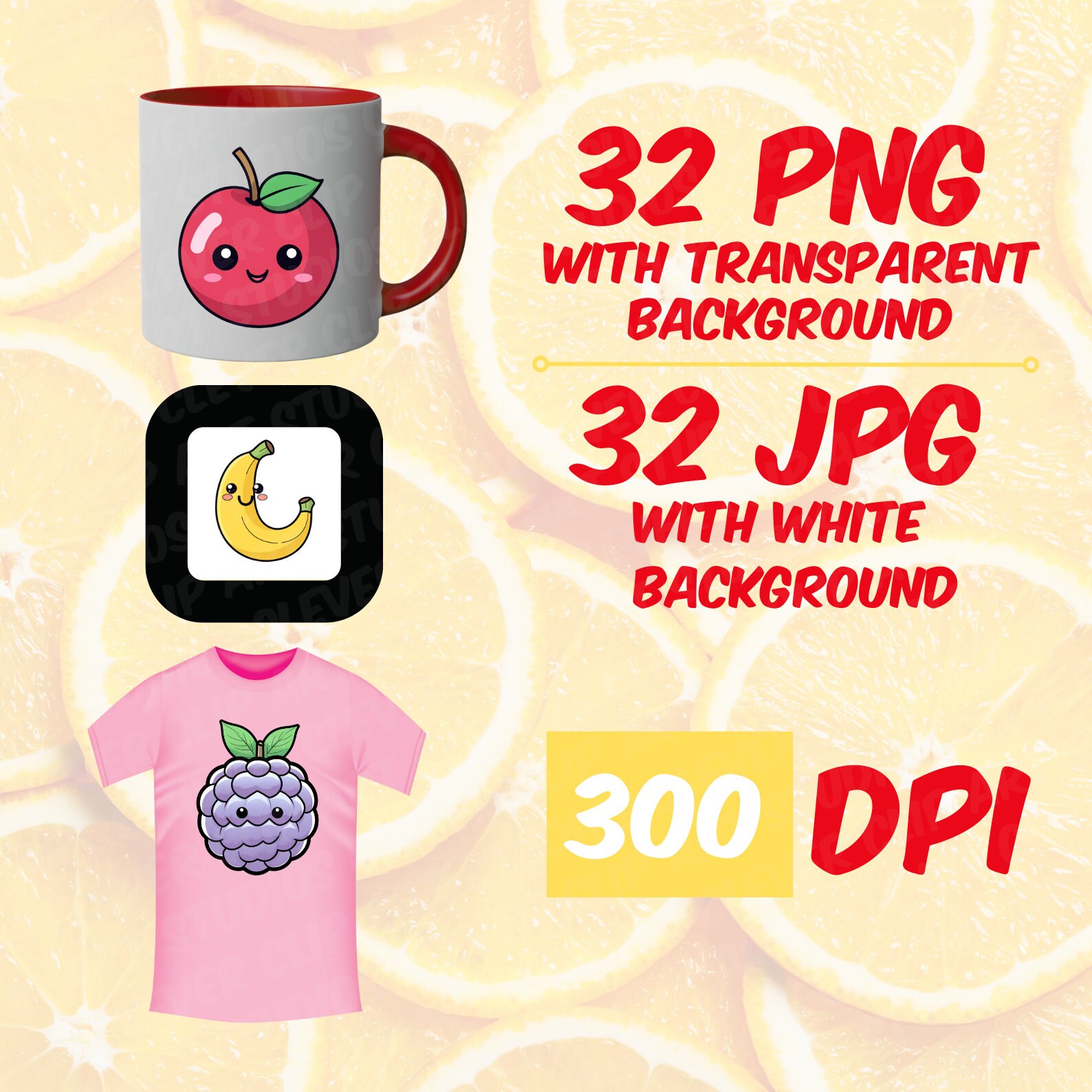 Cute Kawaii Fruit Clipart Bundle Watercolor Cute Fruit PNG Cute Summer ...