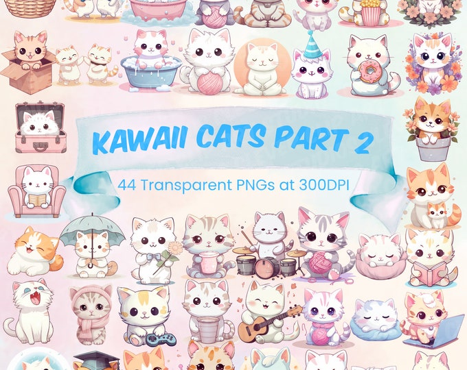 Kawaii Cats Clipart Bundle | Cute Cat Clipart | Cute Kitten Clipart ...