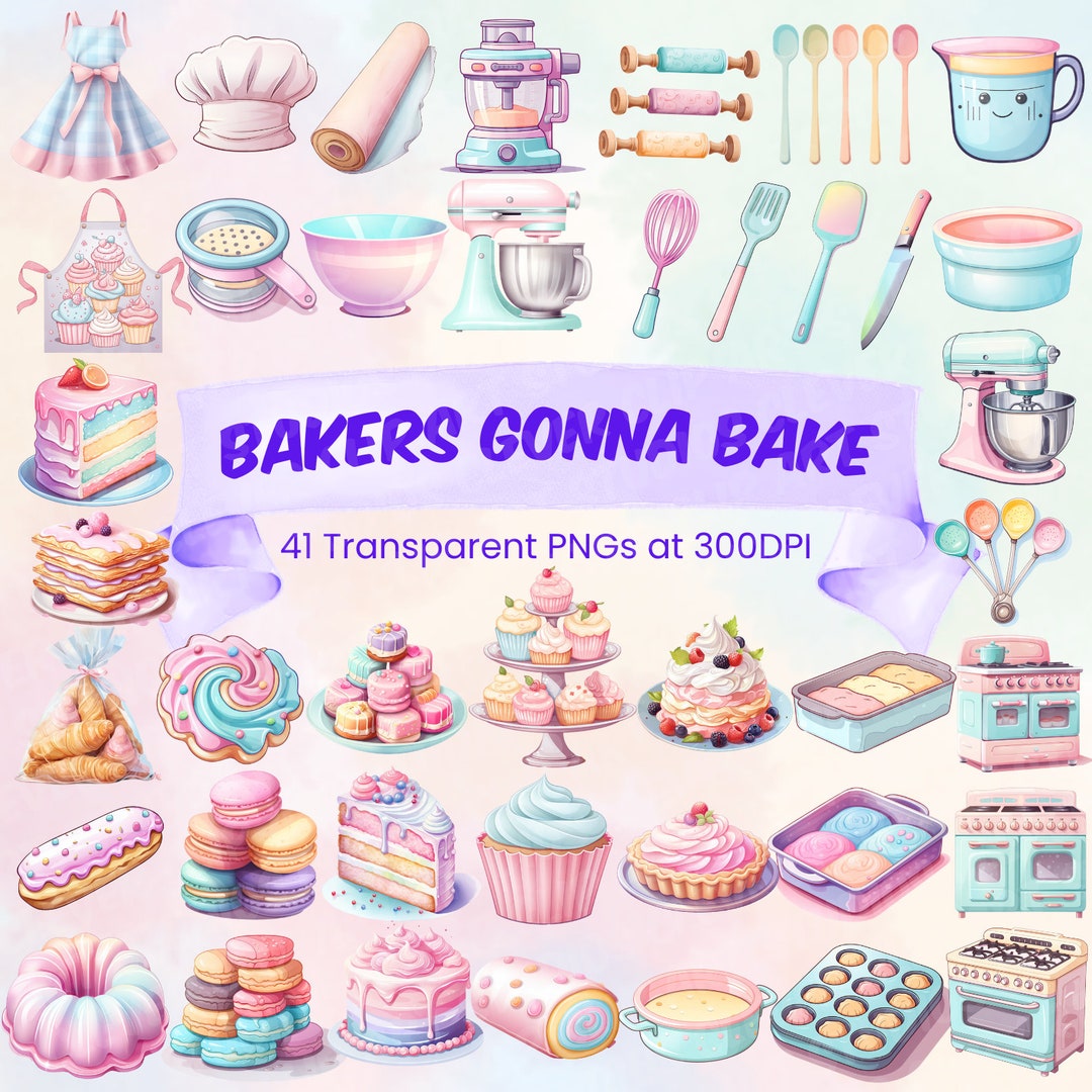 Cute Baking Clipart Bakers Gonna Bake PNG Bundle Pastel Kitchenware ...