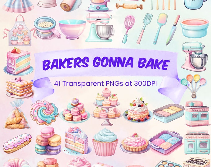 Cute Baking Clipart Bakers Gonna Bake PNG Bundle Pastel Kitchenware ...