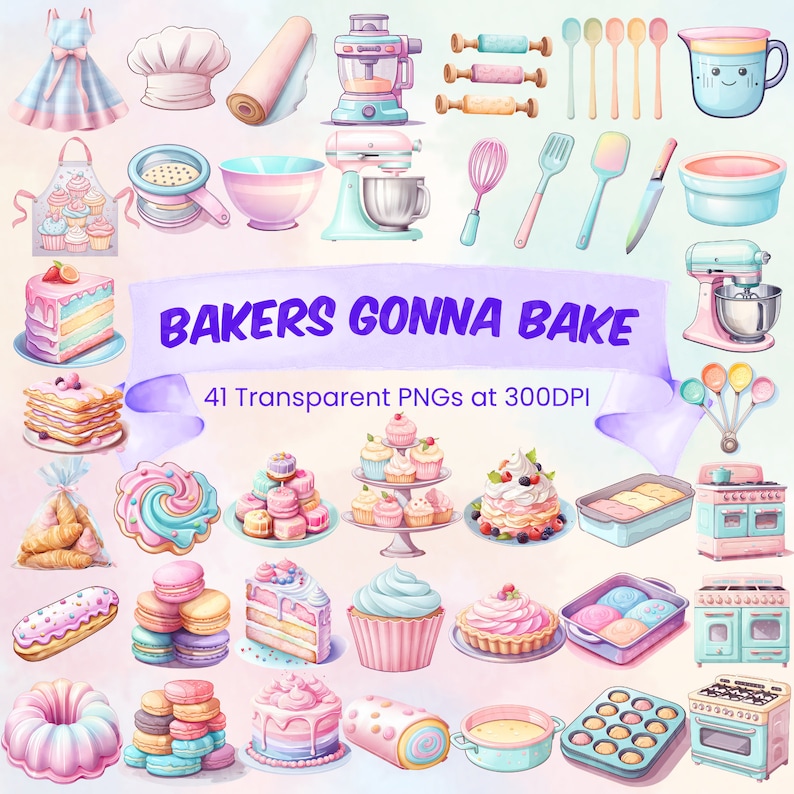 Cute Baking Clipart Bakers Gonna Bake PNG Bundle Pastel Kitchenware ...