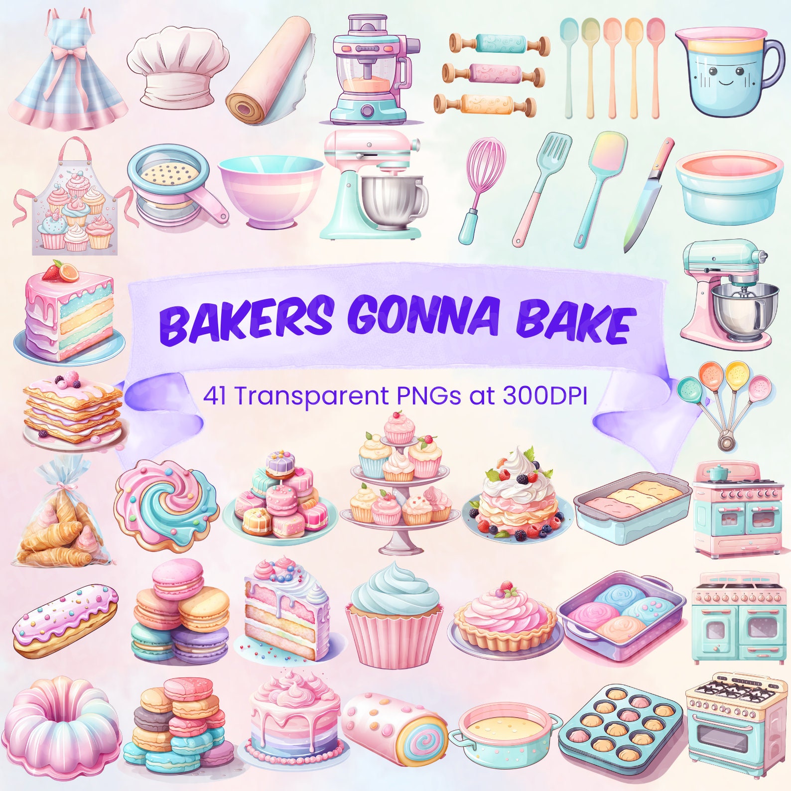 Cute Baking Clipart Bakers Gonna Bake PNG Bundle Pastel Kitchenware ...