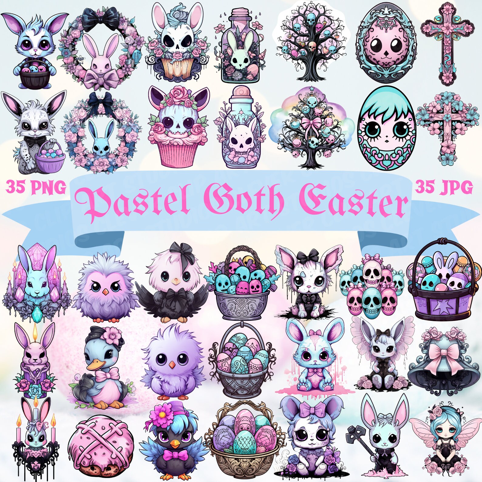 Pastel Goth Easter Clipart Creepy Cute Kawaii Easter Goth Clipart ...