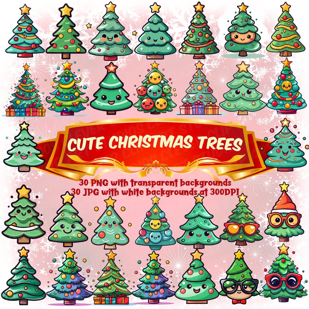 Cute Kawaii Christmas Tree Clipart Bundle Cute Happy Christmas Tree ...