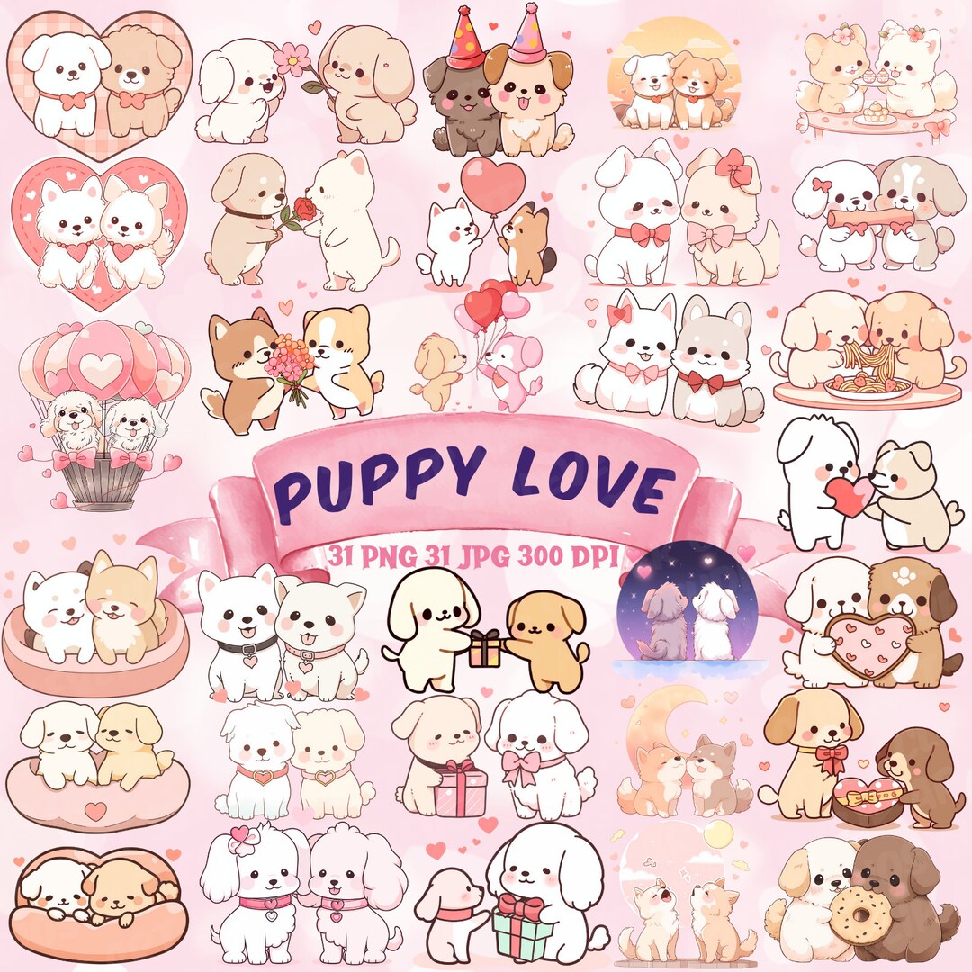 Puppy Love Valentine Dogs Couples Clipart Cute Puppy PNG Bundle Happy ...