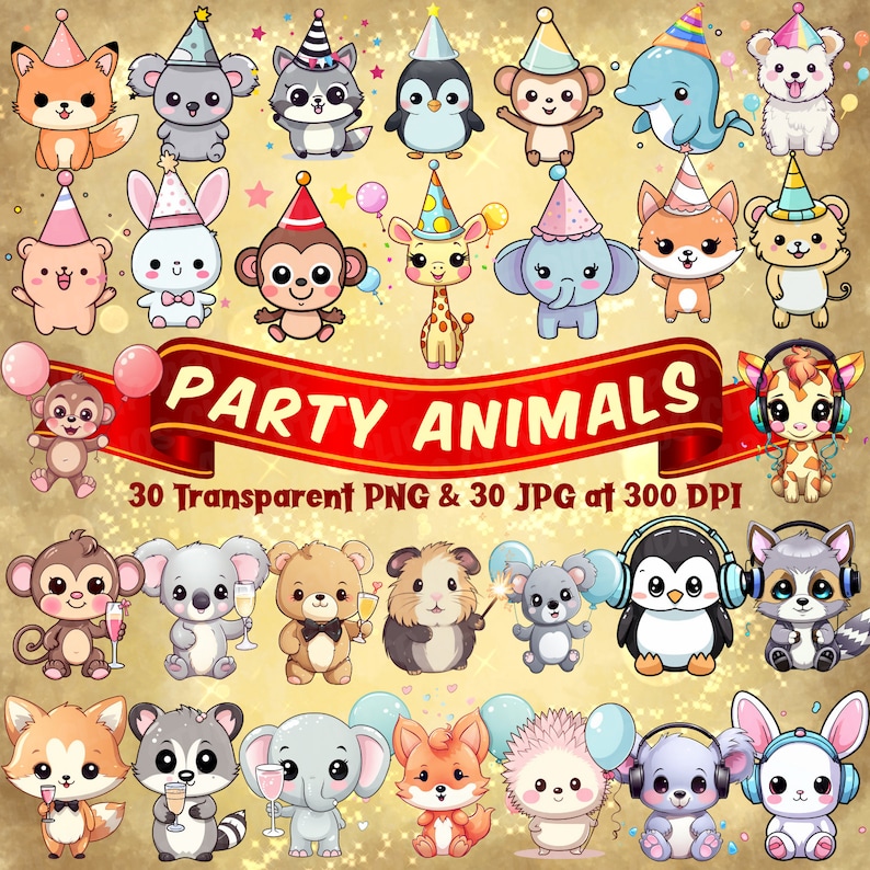 Cute Party Animals Clipart Bundle Kawaii Baby Animal Themed Party PNG ...