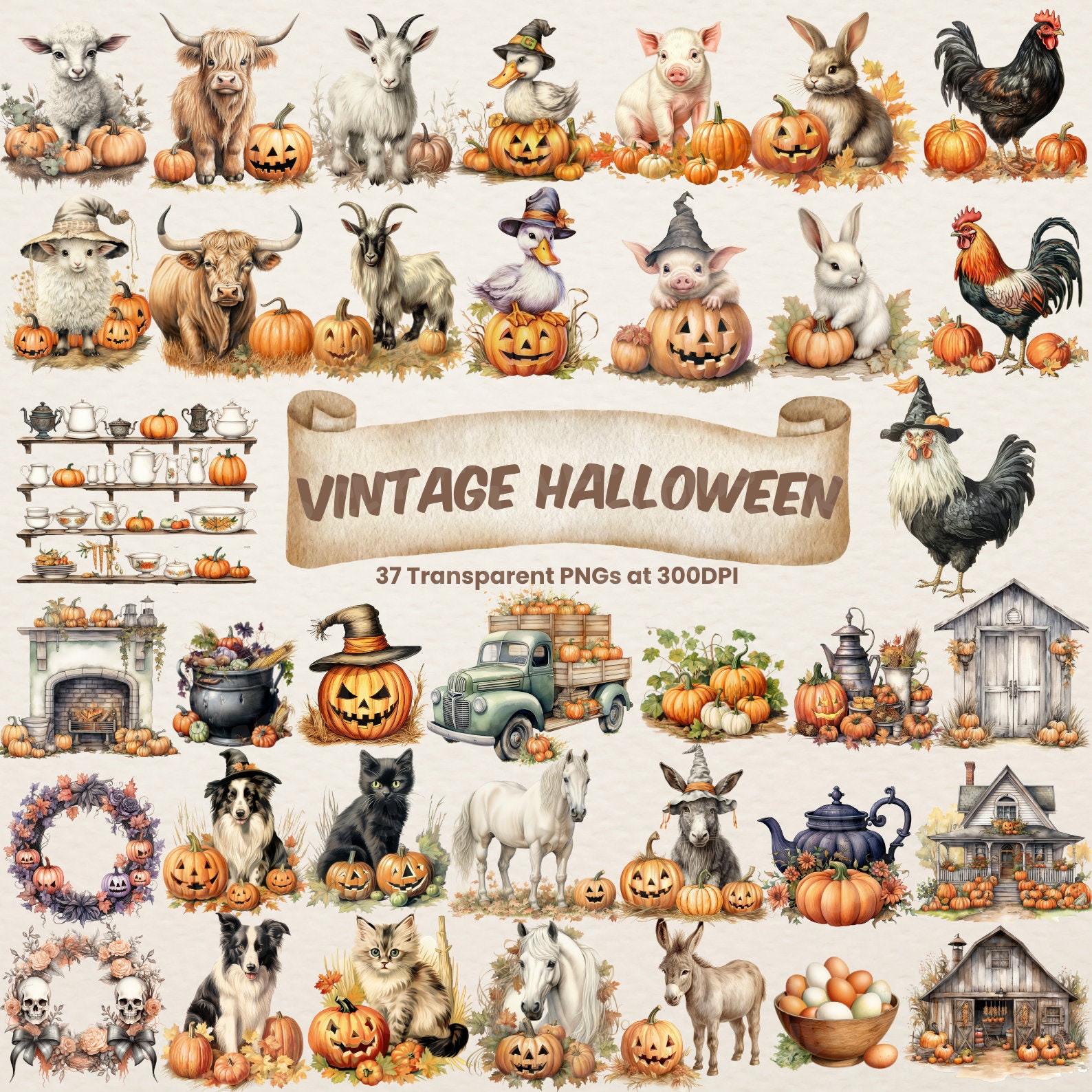 Vintage Halloween Barnyard Animals American Farmhouse Fall Aesthetic ...