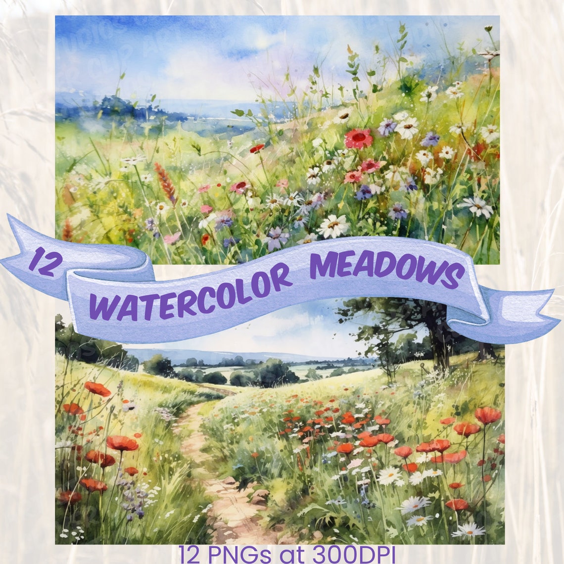 Watercolor Meadows Wildflowers Border Spring Summer Fields Prairie ...