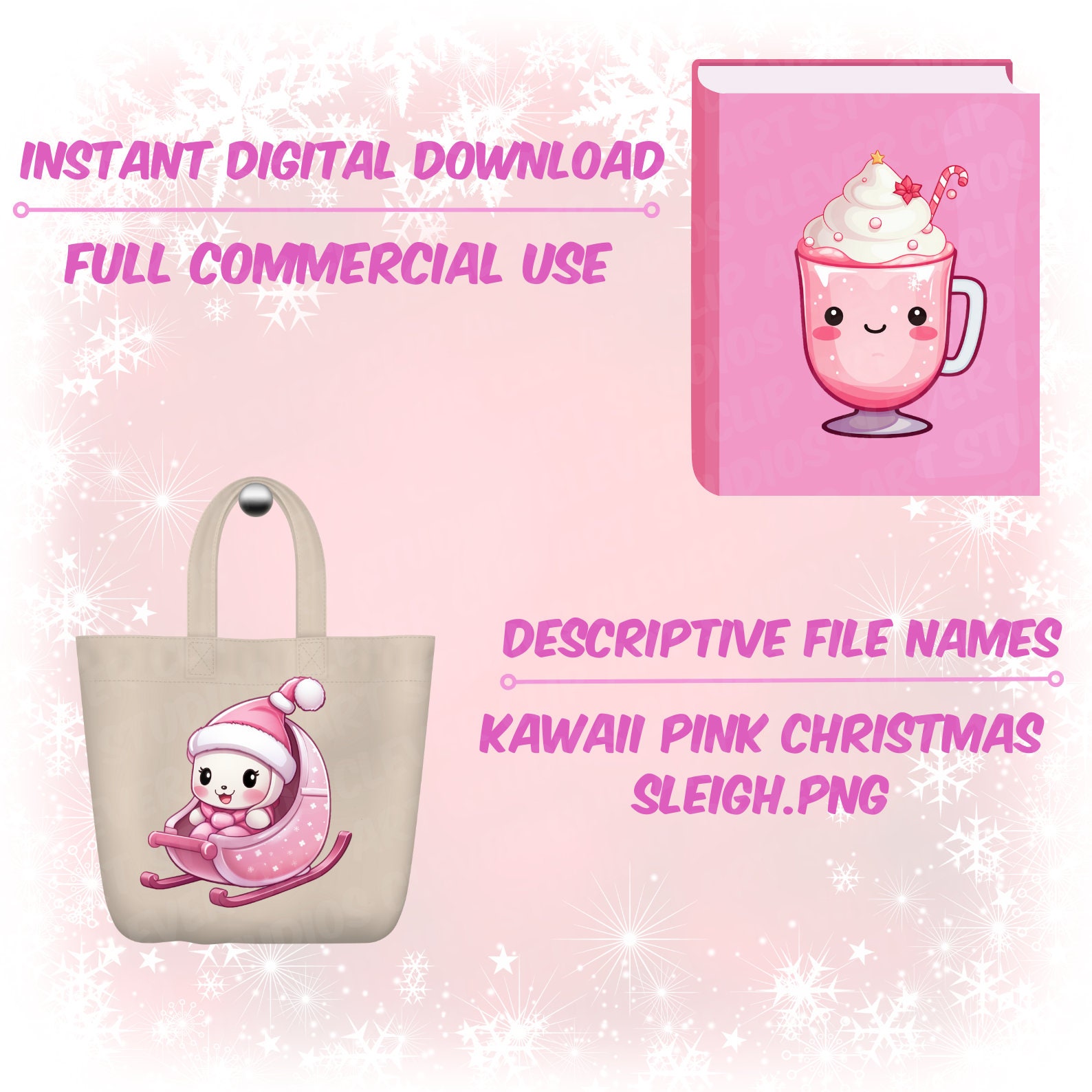 Pink Kawaii Christmas Clipart Bundle Cute Pink Christmas Transparent ...