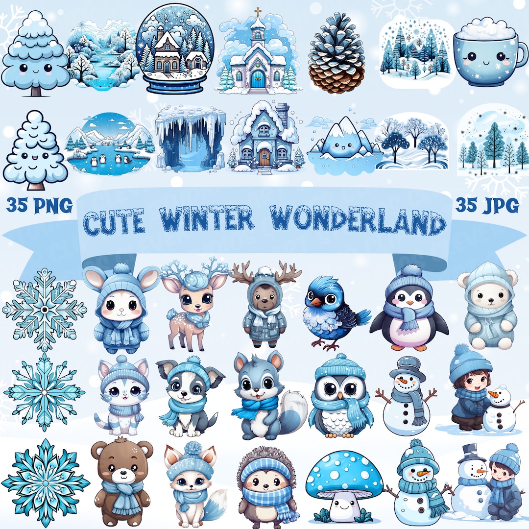 Cute Winter Wonderland Clipart Snowy Forest Animals PNG Kawaii Winter ...