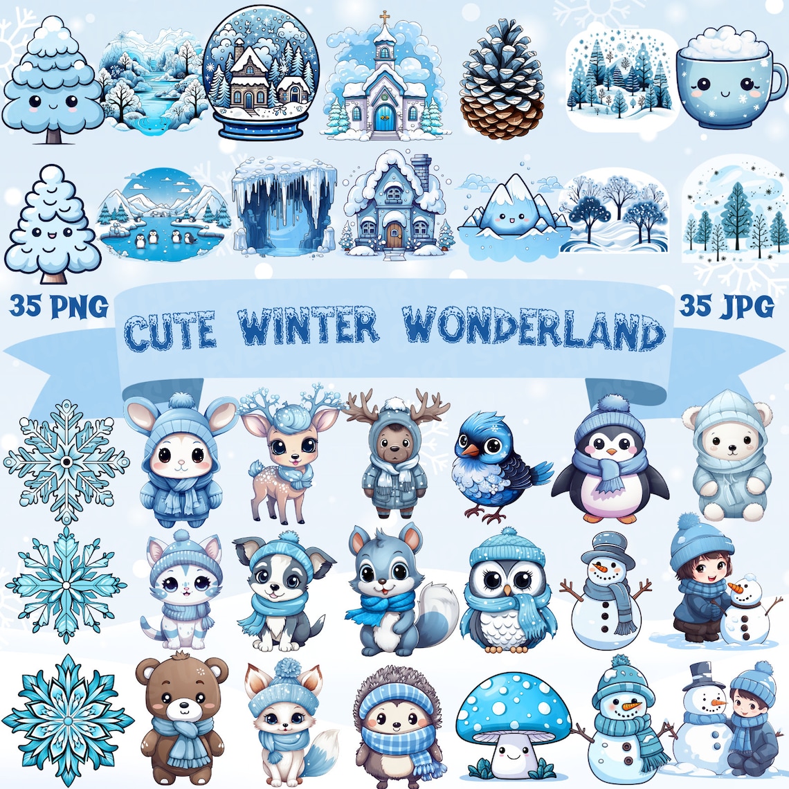 Cute Winter Wonderland Clipart Snowy Forest Animals PNG Kawaii Winter ...