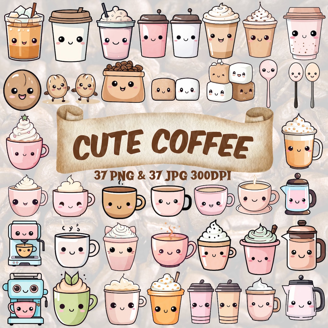 Kawaii Cute Coffee Clipart Collection Kawaii Coffee Cup PNG Bundle ...
