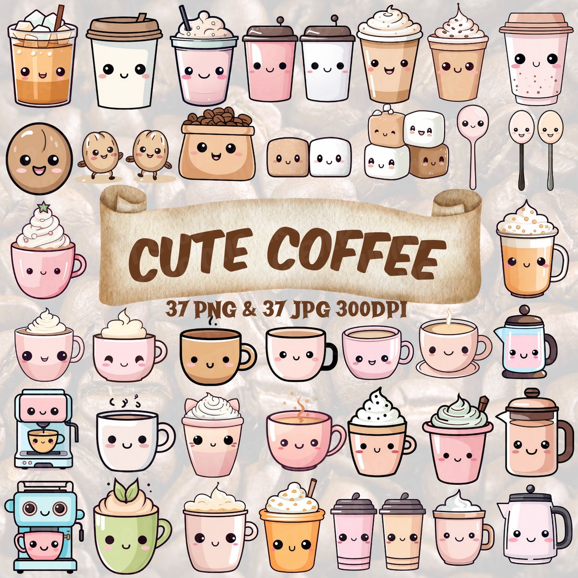 Kawaii Cute Coffee Clipart Collection Kawaii Coffee Cup PNG Bundle ...
