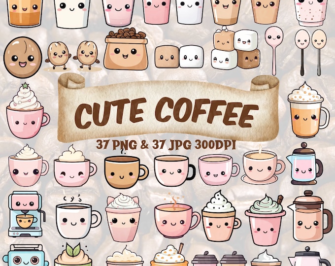 Kawaii Cute Coffee Clipart Collection Kawaii Coffee Cup PNG Bundle ...
