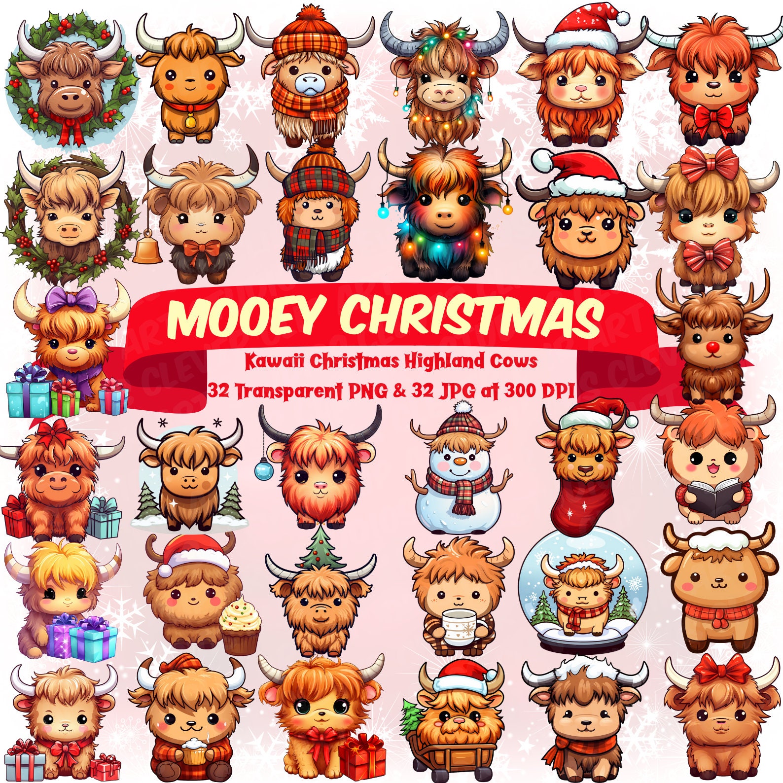 Mooey Christmas Highland Cow Clipart Bundle Cute Highland Cows ...