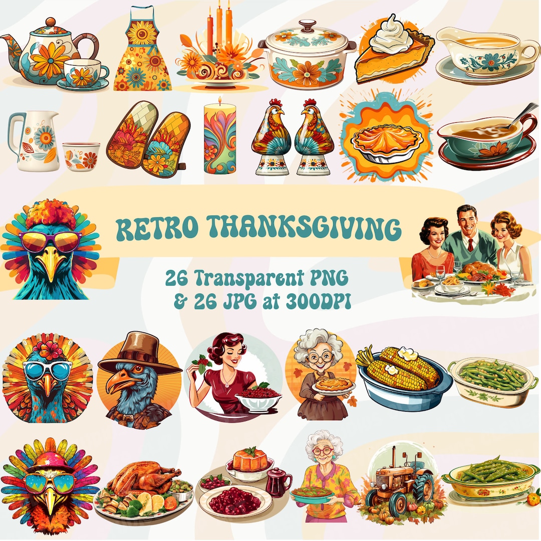 Retro Groovy Thanksgiving Clipart Bundle Cute Fall PNG Bundle Autumnal ...