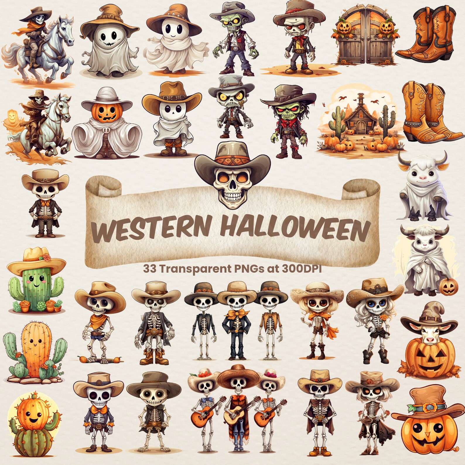 Cute Western Halloween Clipart Bundle Halloween Skeleton PNG Cowgirl ...