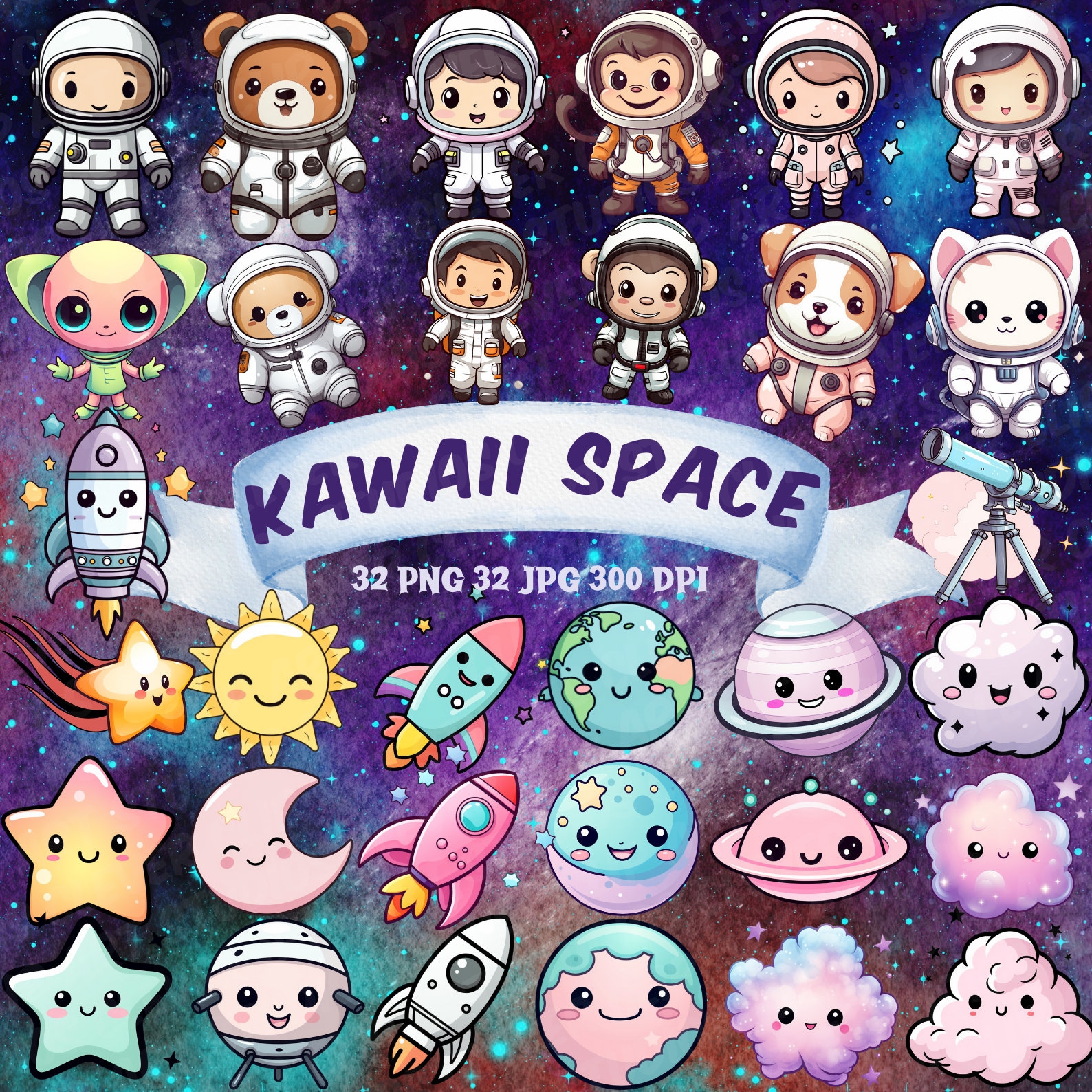 Kawaii Space Clipart Cute Astronaut PNG Bundle Kawaii Planet Stars Sun ...