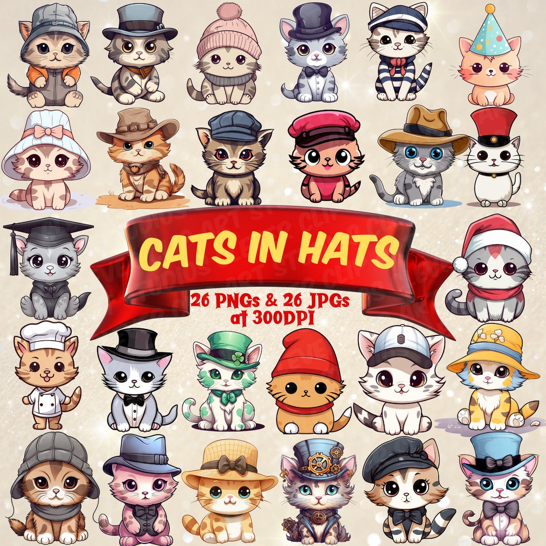 Cute Cats in Hats Clipart Collection Cats Wearing Hats Kawaii Cats ...