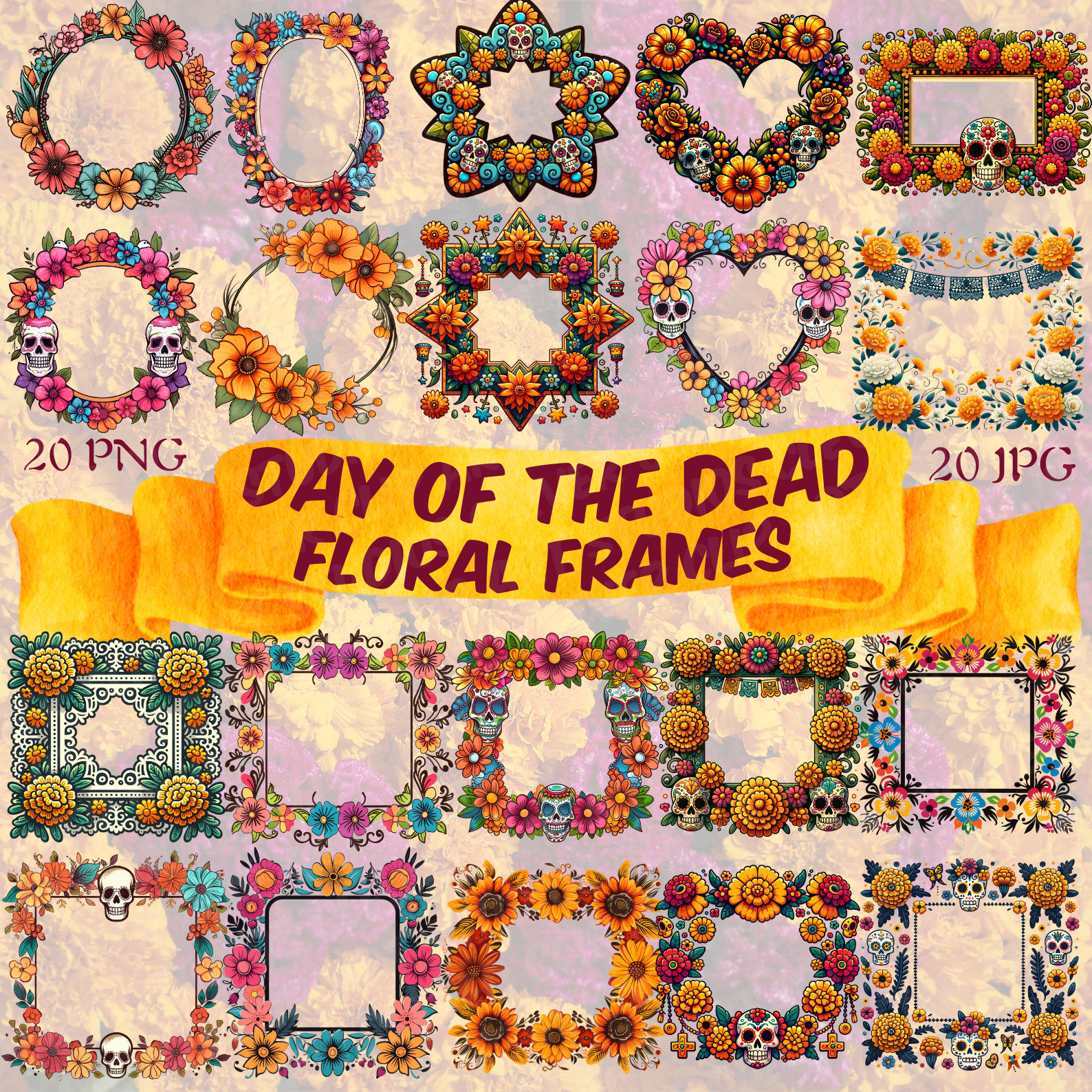 Cute Day of the Dead Floral Frame Clipart Bundle Dia De Los Muertos ...