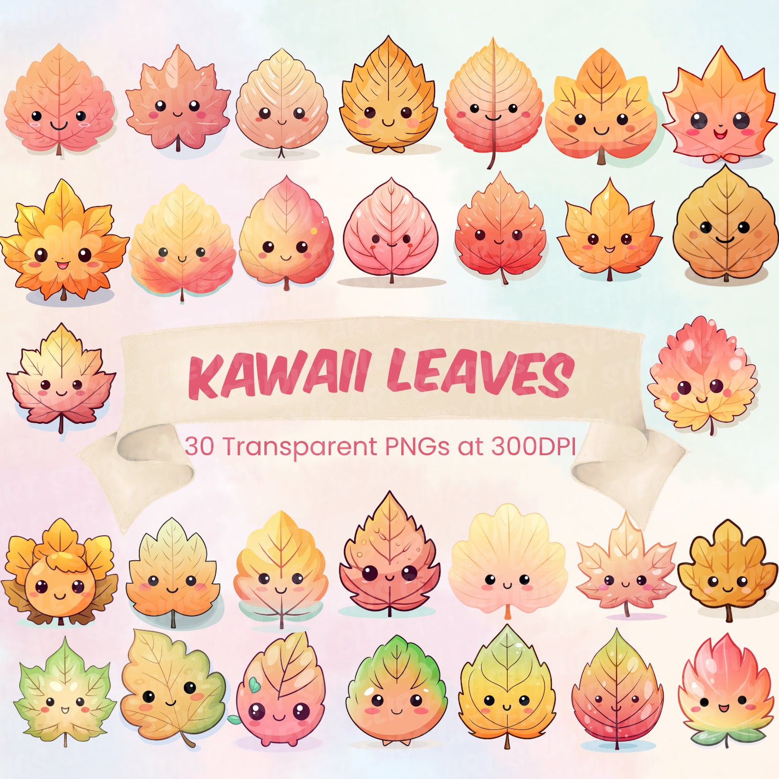Kawaii Leaves Cute Fall Autumn Leaf Clipart Watercolor Botanical Art ...