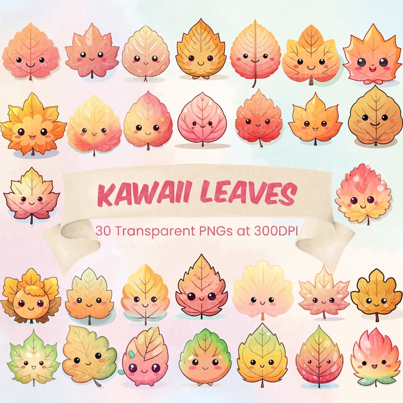 Kawaii Leaves Cute Fall Autumn Leaf Clipart Watercolor Botanical Art ...