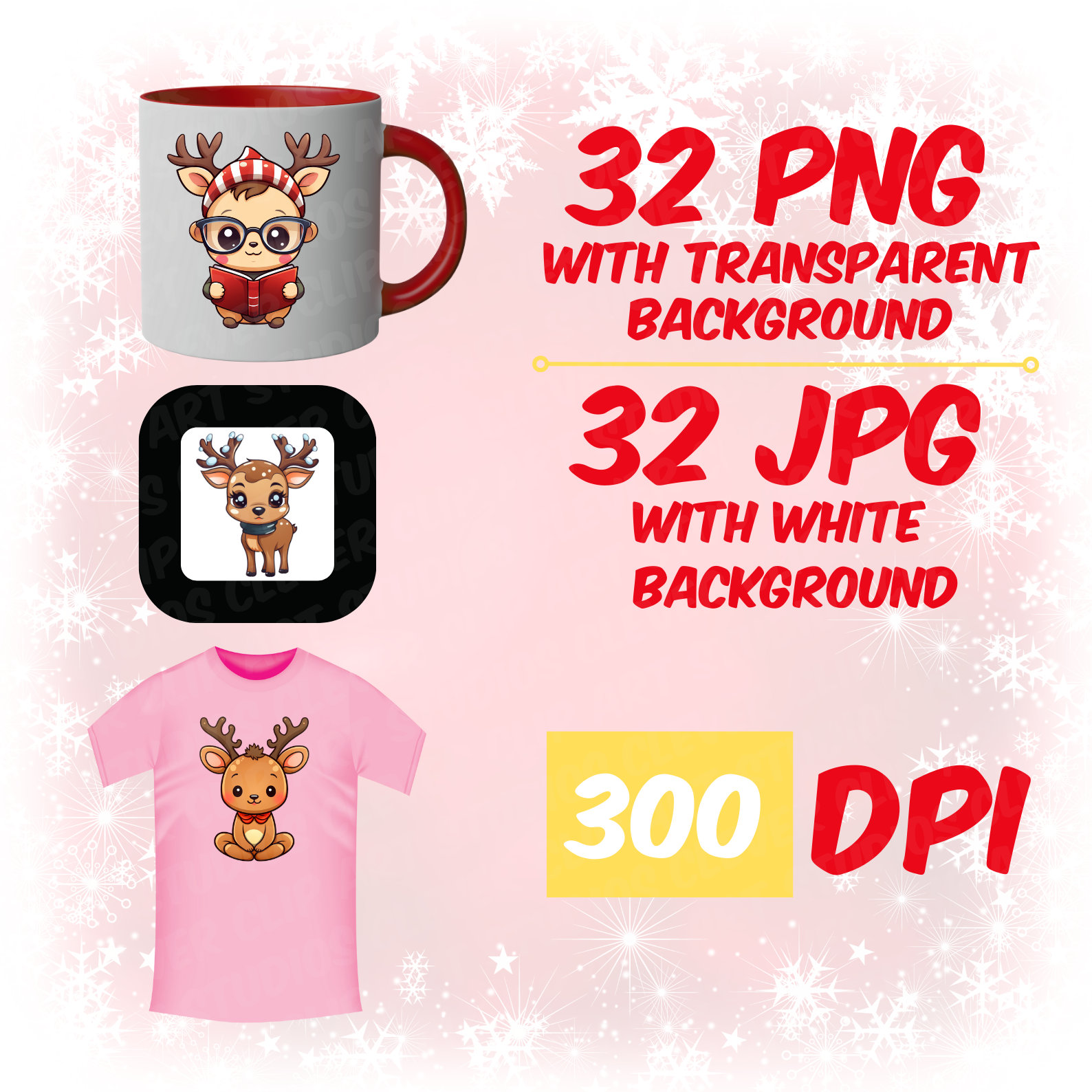 Kawaii Cute Reindeer Clipart Cute Christmas Reindeer PNG Bundle Funny ...