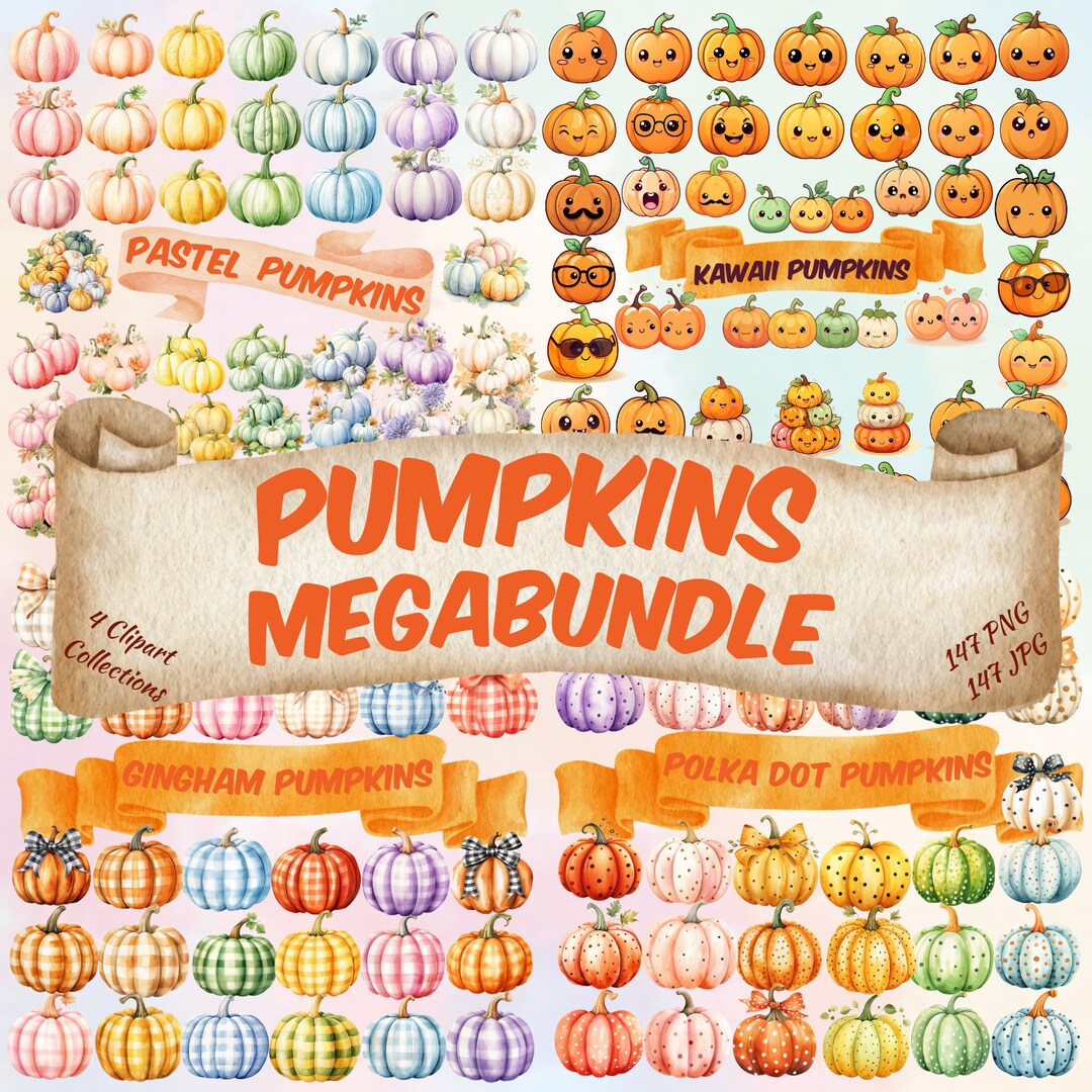 Pumpkin Mega Bundle Clipart Cute Kawaii Pastel Gingham Polka Dot ...