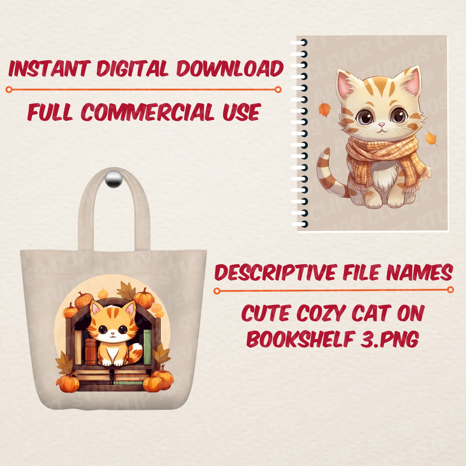 Cute Cozy Cats Clipart Bundle Autumnal Clipart Kawaii Cute Kitten ...