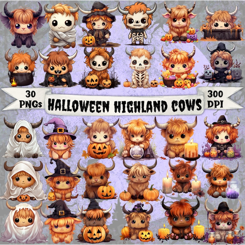 Halloween Highland Cows Clipart Bundle Kawaii Cute Baby Highland Cow ...