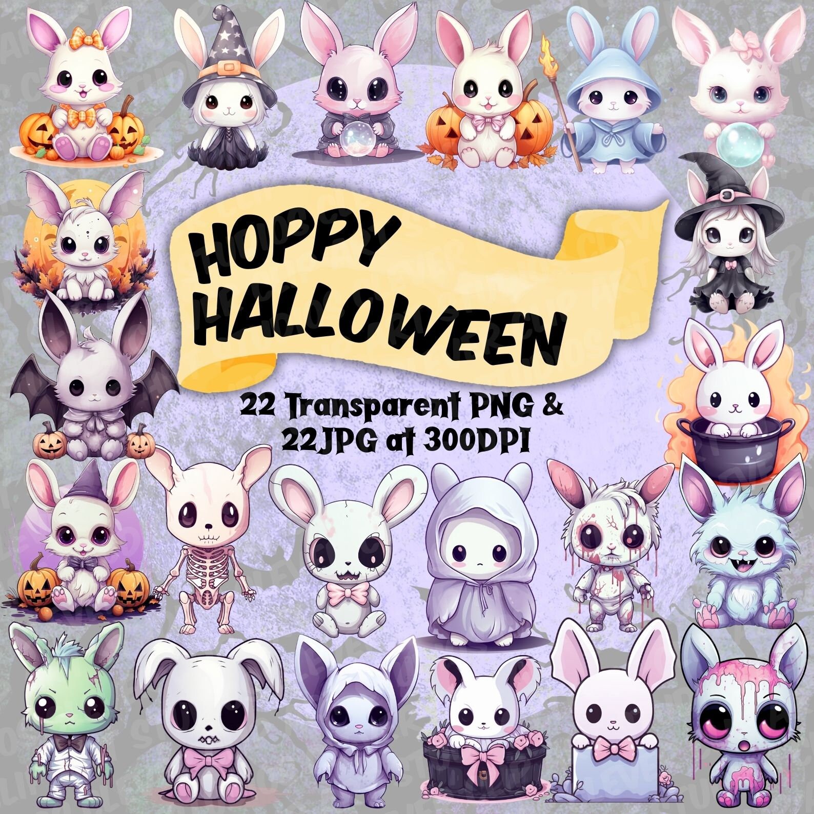 Cute Halloween Bunny Clipart Bundle Cute Bunnies PNG Bundle Halloween ...
