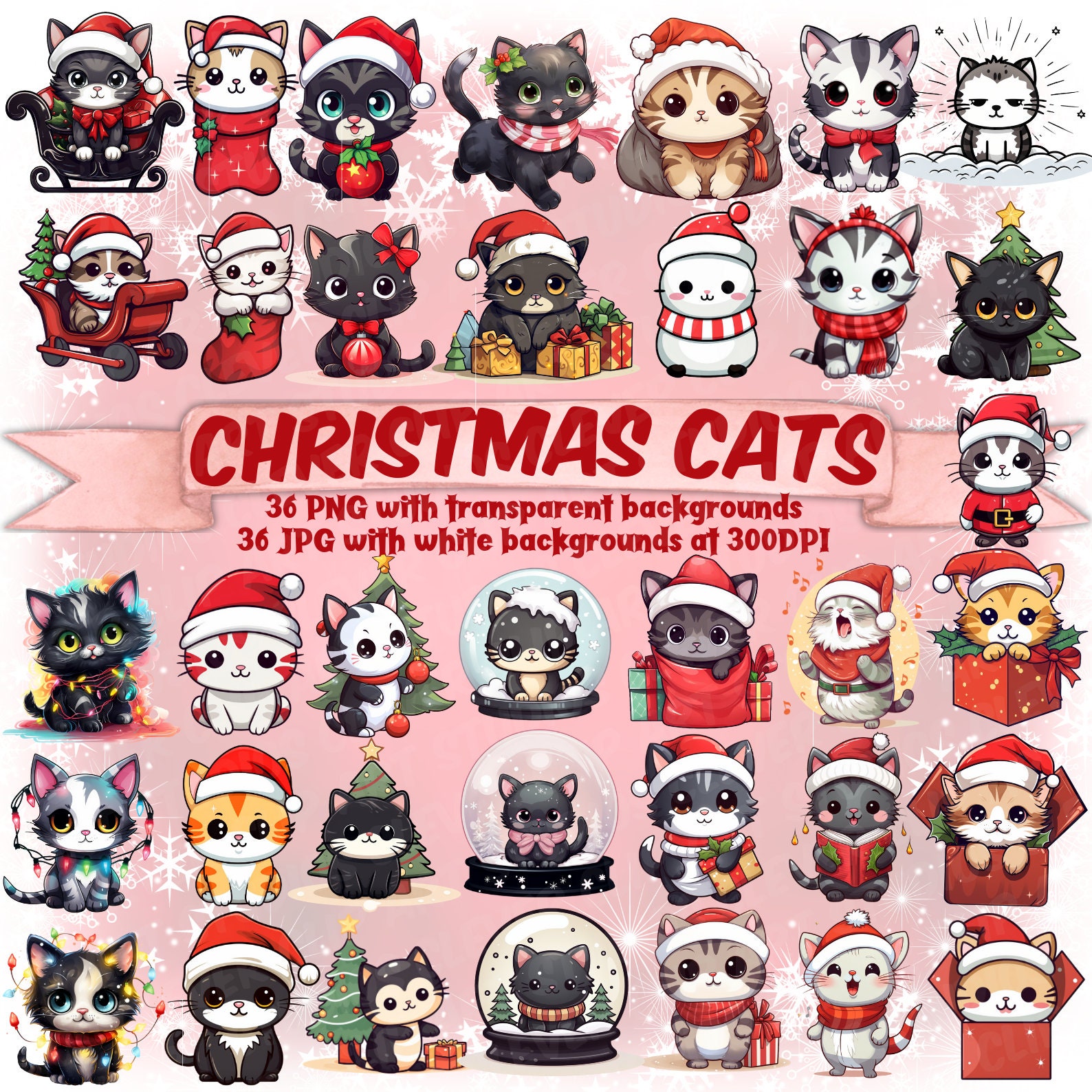 Cute Christmas Cat Clipart Bundle Kawaii Cute Cat Christmas Transparent ...