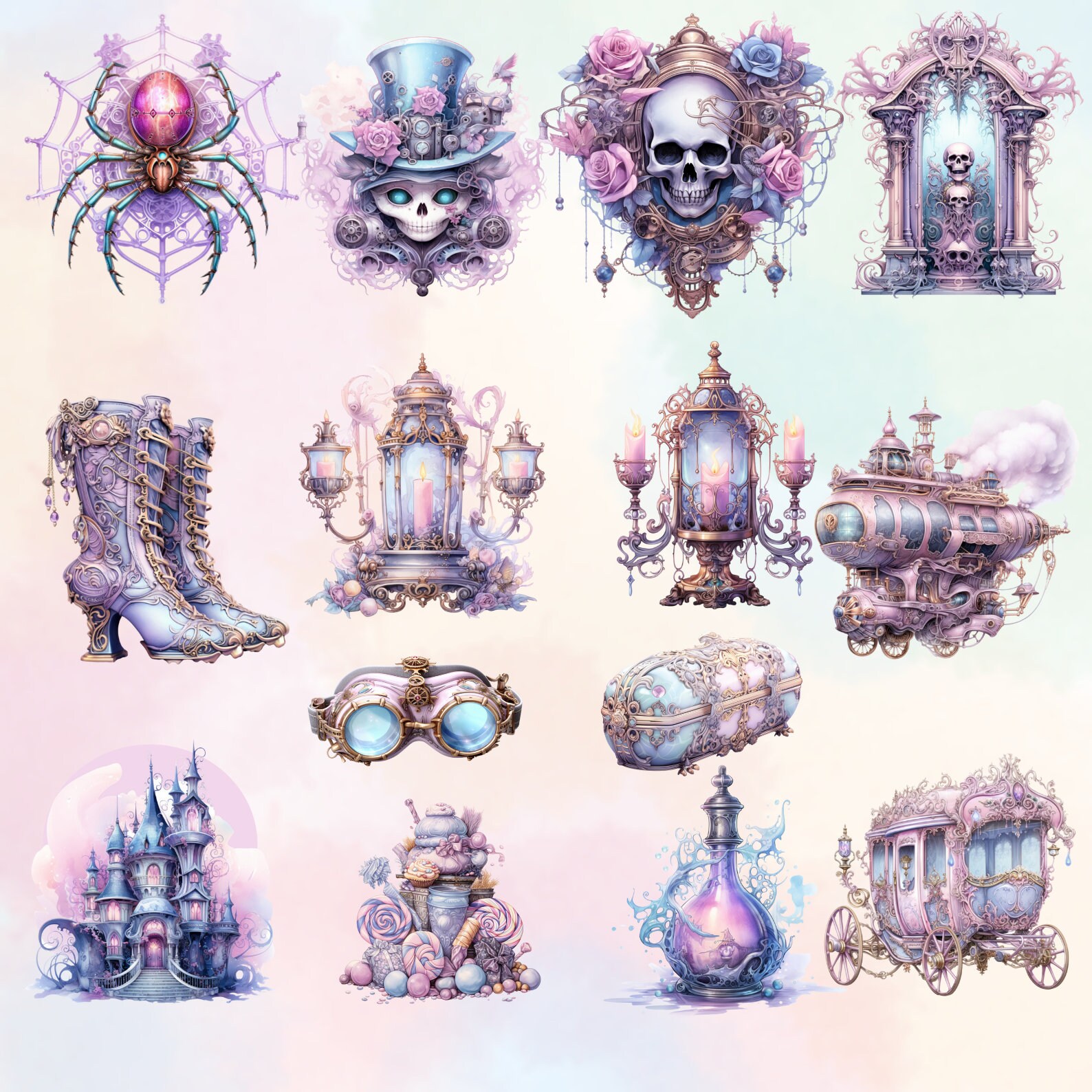 Pastel Steampunk Halloween Clipart Cute Watercolor Pastel Blue - Etsy