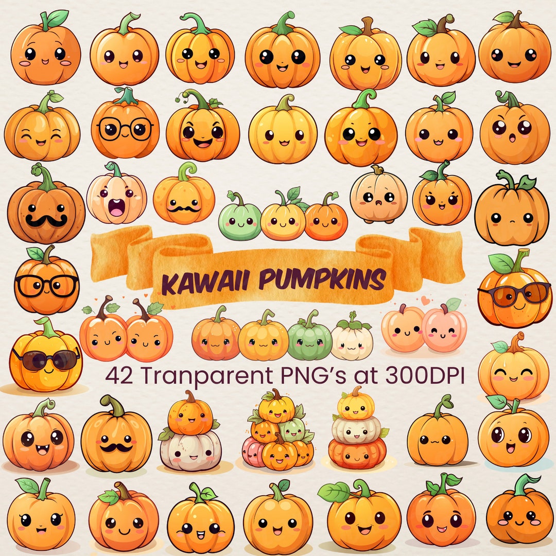 Kawaii Pumpkins Cute Halloween PNG Bundle Clipart Pumpkin Faces ...