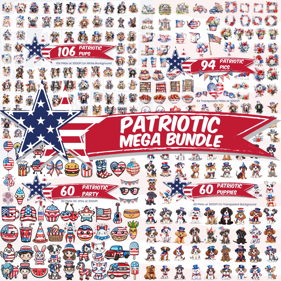 Cute Patriotic 4th July Clipart Mega Bundle USA Independence Day PNG ...
