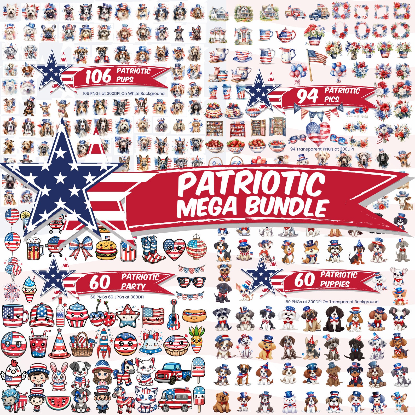 Cute Patriotic 4th July Clipart Mega Bundle USA Independence Day PNG ...