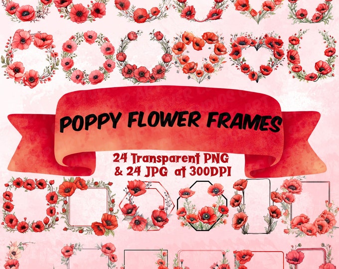 Poppy Floral Frames Clipart Bundle Watercolor Red Poppies Wreath ...