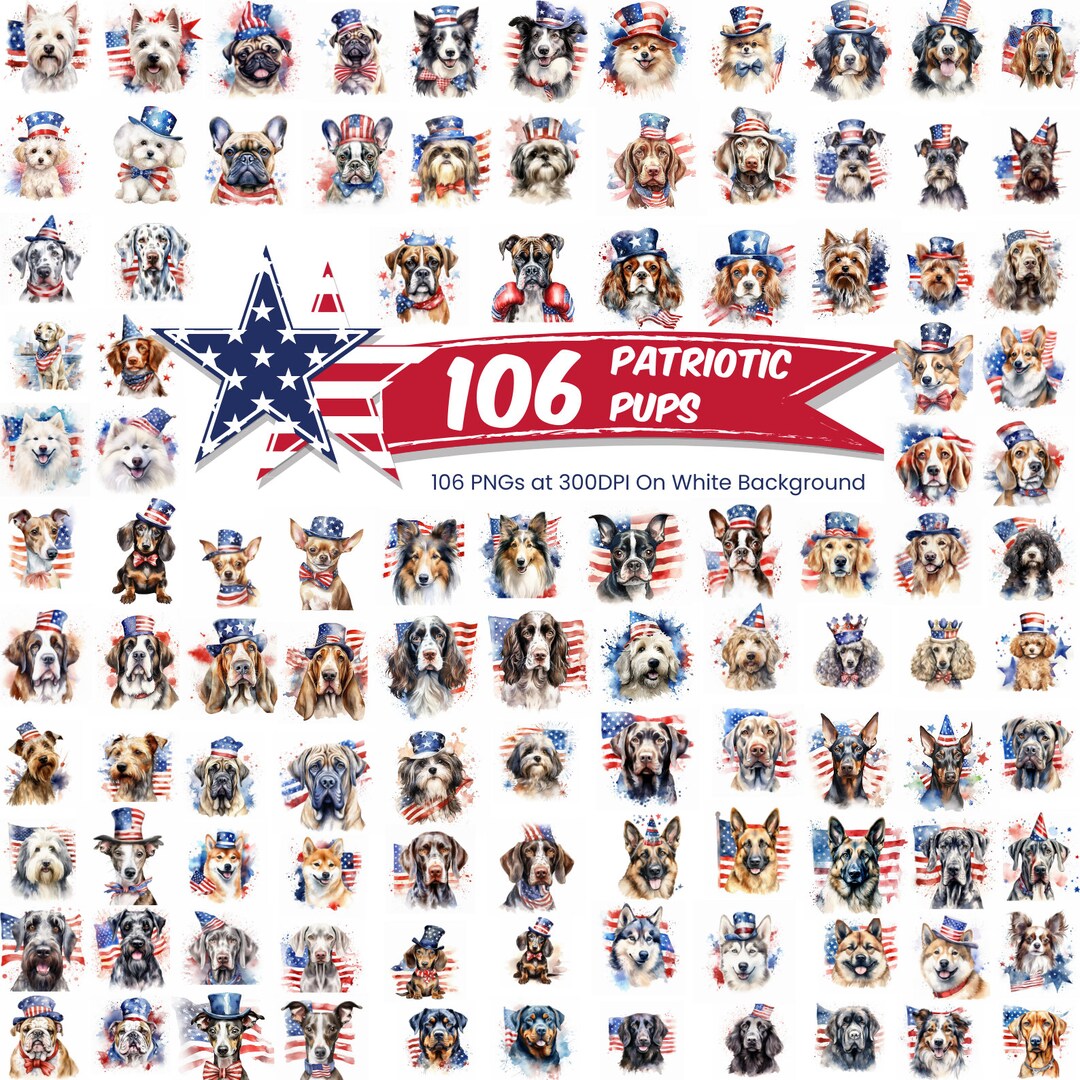 Patriotic Pups, Patriotic Dogs, Watercolor Dogs, 4th of July PNG Bundle ...