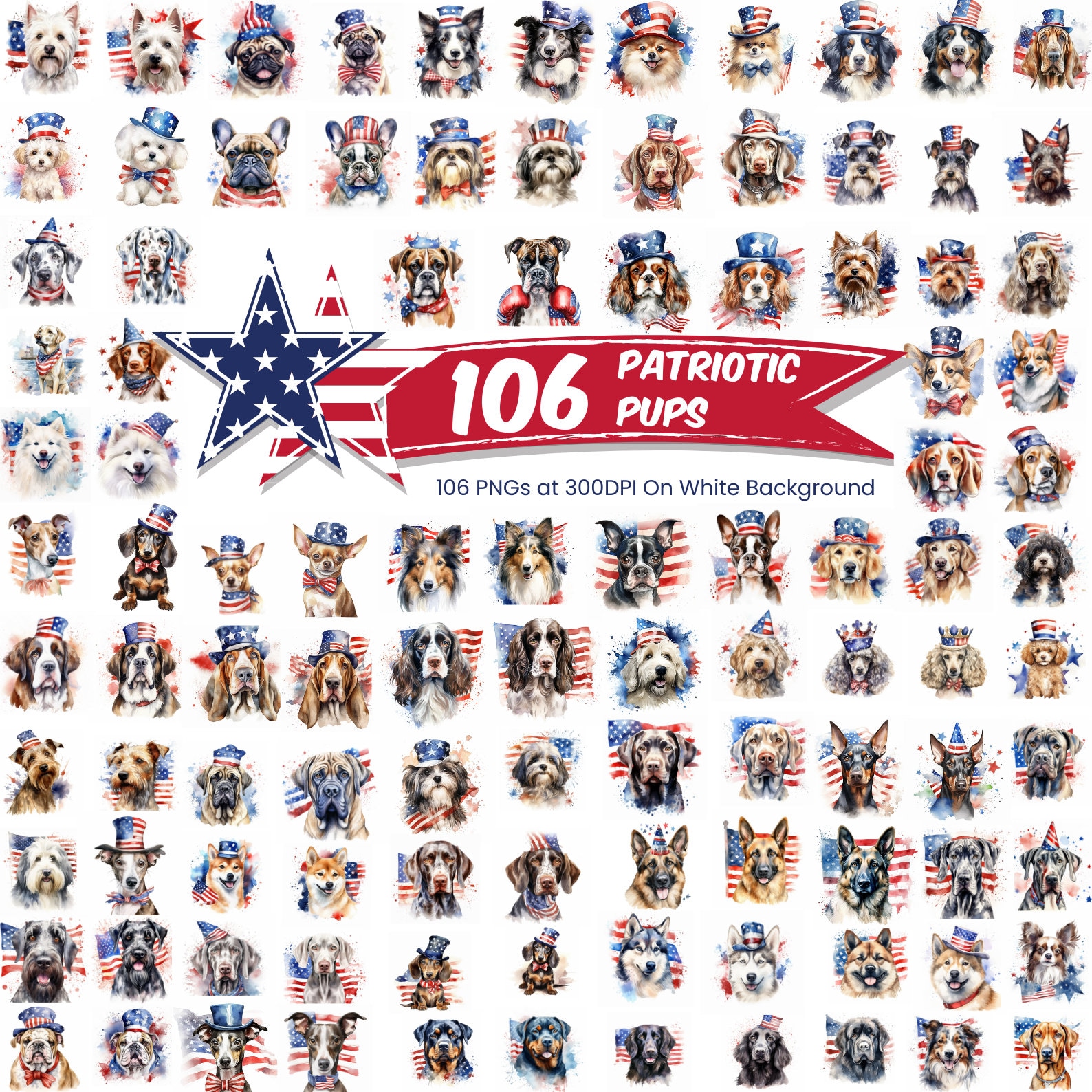 Patriotic Pups, Patriotic Dogs, Watercolor Dogs, 4th of July PNG Bundle ...