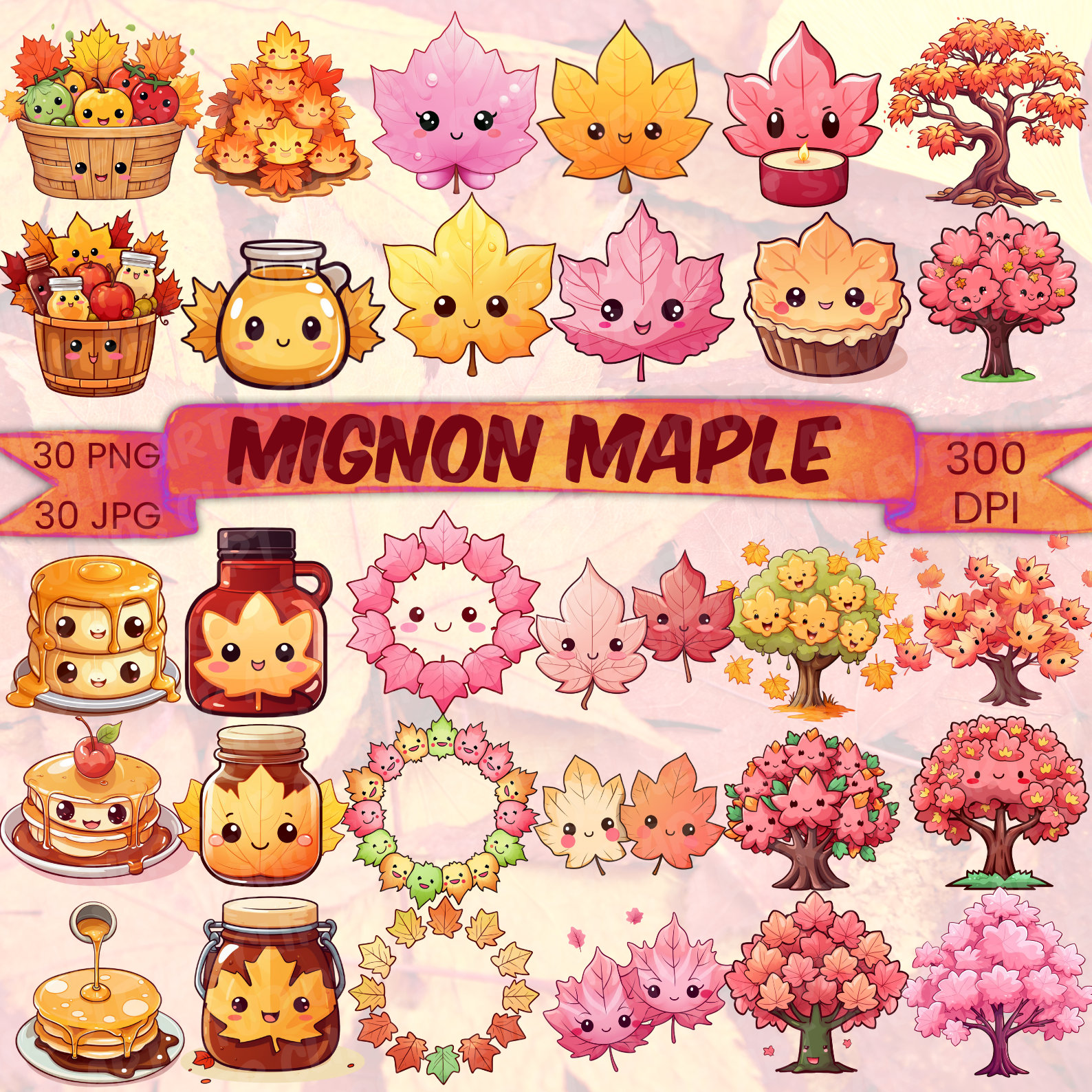 Cute Maple Leaves Clipart Bundle Kawaii Autumn Maple Leaf Cute Fall PNG ...